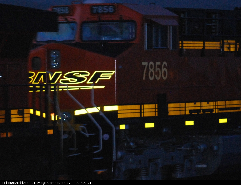 Close up shot of BNSF 7856 as she lights up her reflective BNSF Swoosh Logo.